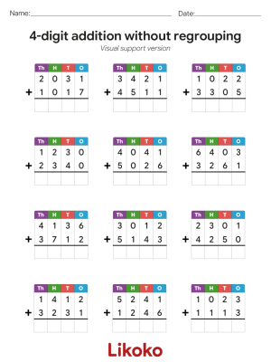 4 Digit Addition without Regrouping | Printable Worksheet