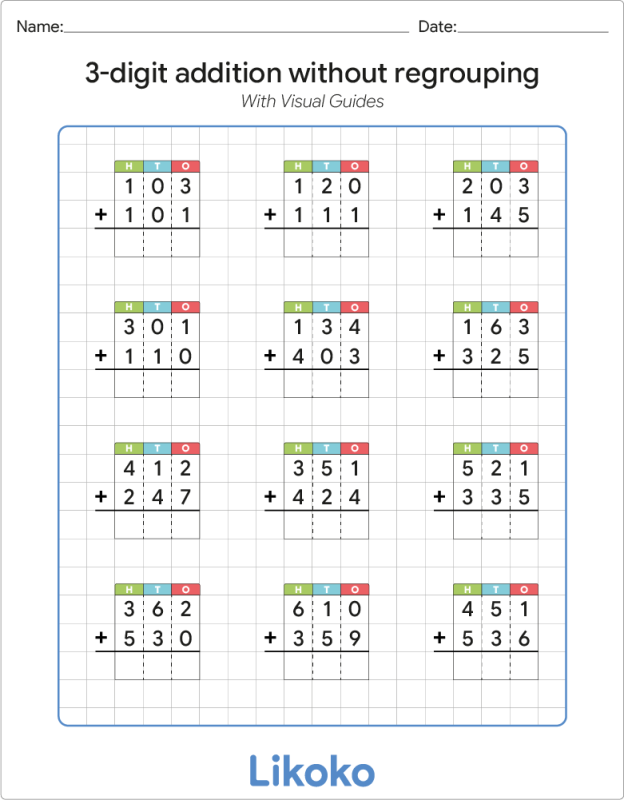 3 Digit Addition without Regrouping | Free Worksheet
